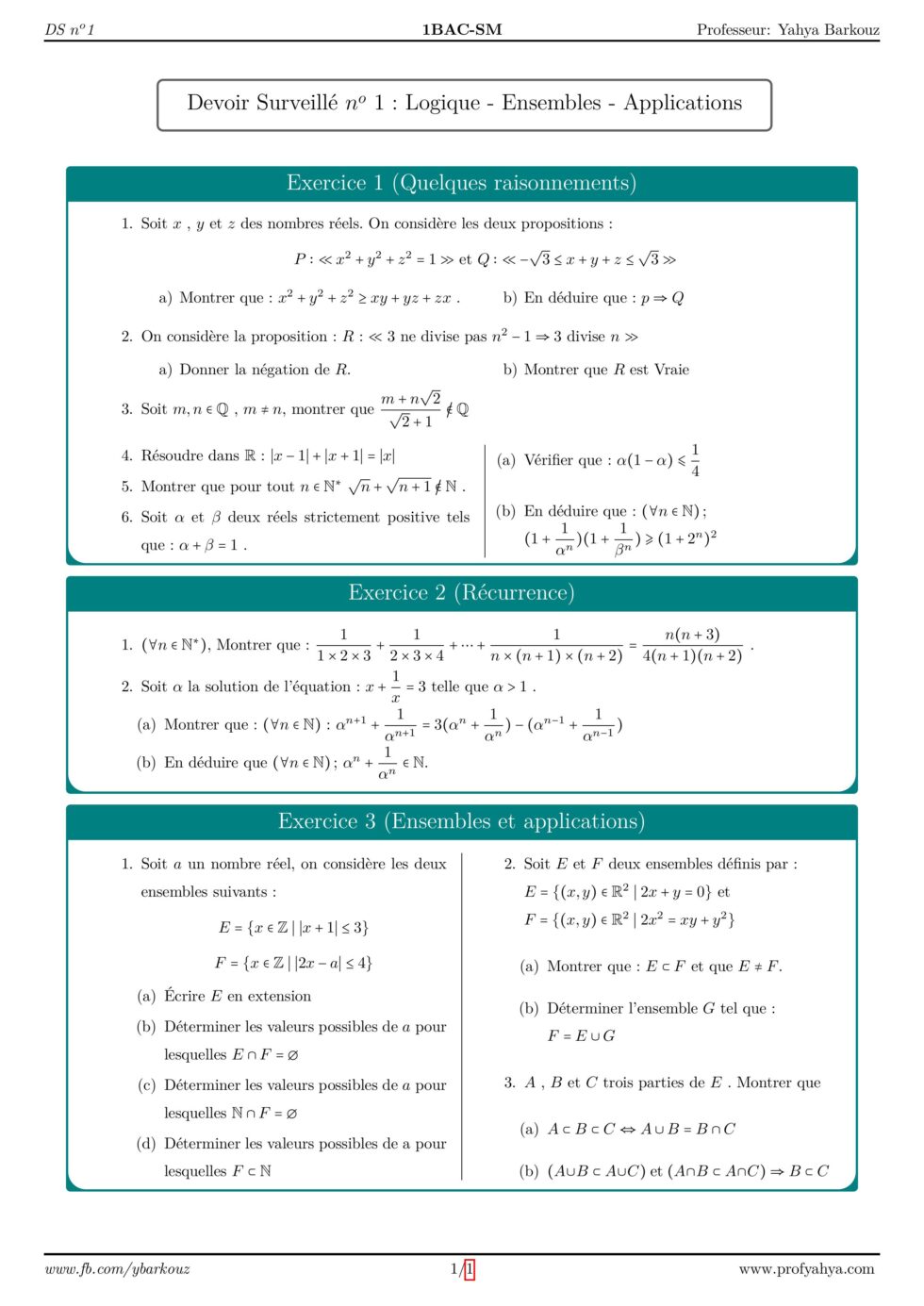 Devoir Libre 01 – S1 : Notions de logiques – Ensembles et applications | Prof Yahya Barkouz